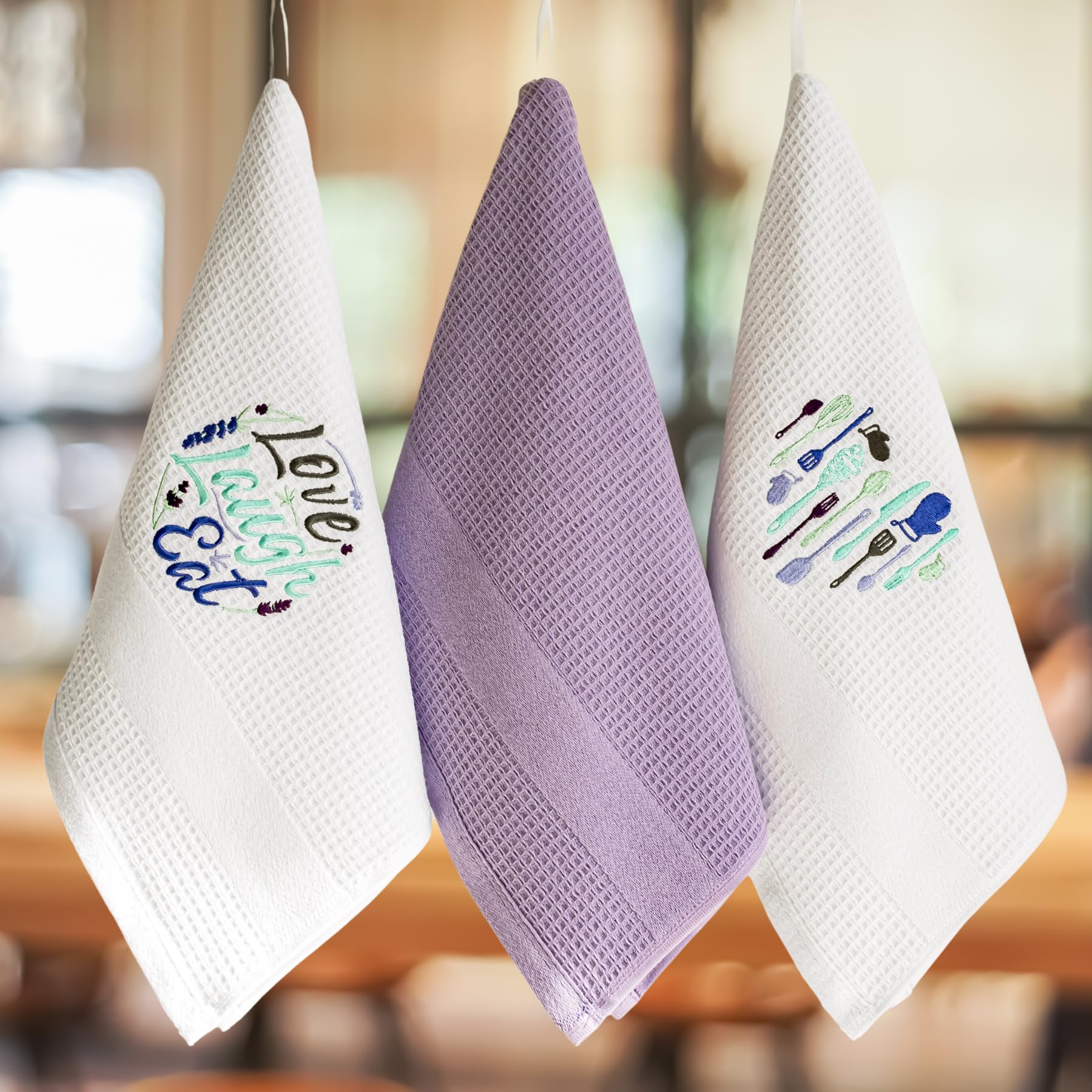 Luzia Lavender Love Kitchen Towels; Stylish and Absorbent - Waffle Weave Embroidered Dish Towels Turkish Cotton - Set of Three, White and Lavender Color