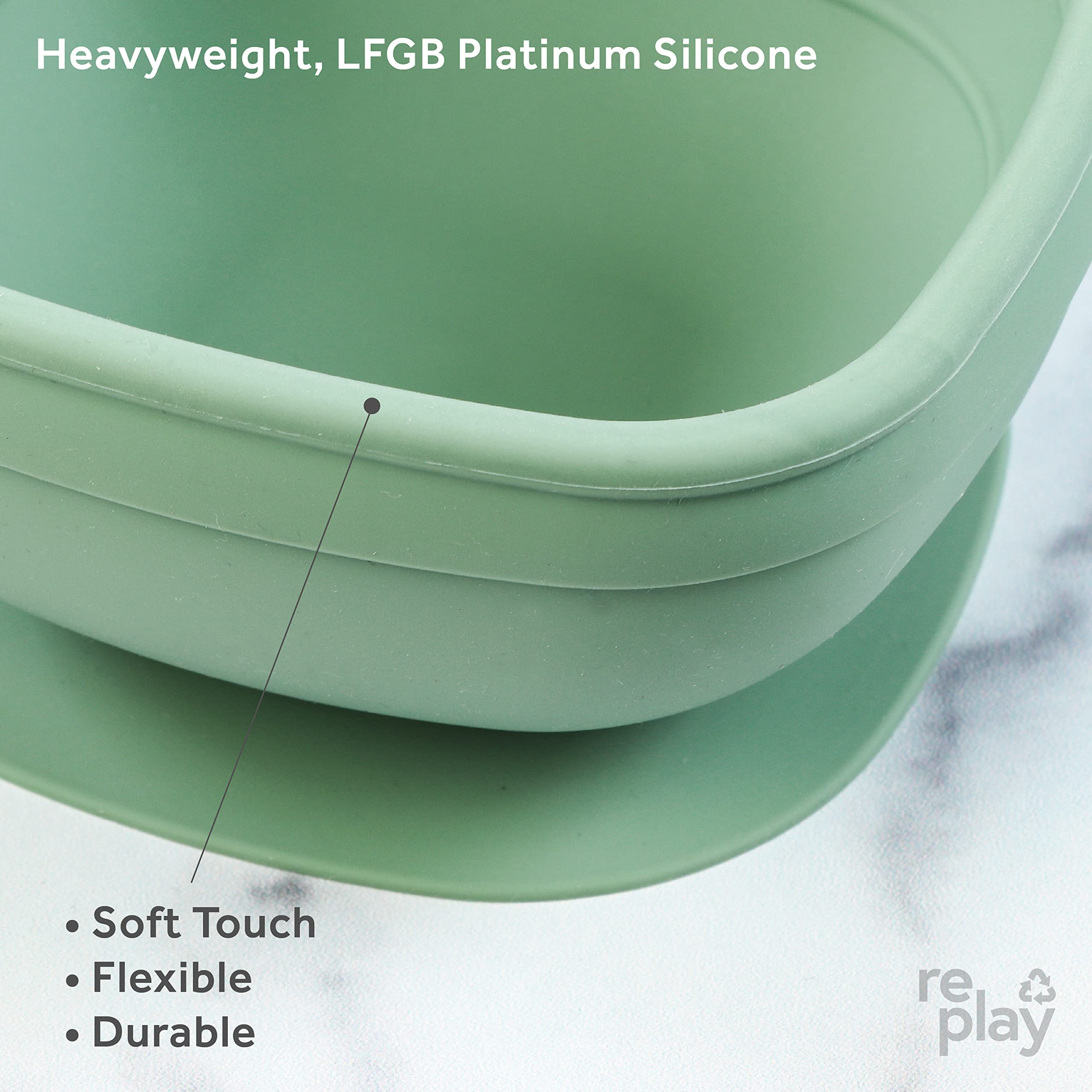 Re Play Sustainables Silicone 11 oz. Suction Bowl with Silicone Press In Lid - Made with Medical-Grade Platinum Silicone - With Lid - Sage
