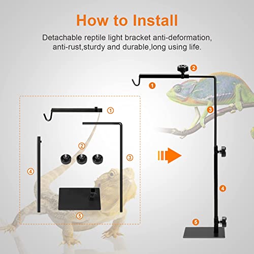 Simple Deluxe Reptile Lamp Stand Metal Floor Light Holder Basking Lamp-Holder Lamp-Support Bracket, Height Adjustable for Glass Terrarium Heating-Light, Amphibian and Aquarium Tank