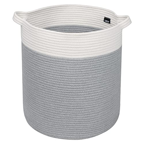 KEEGH Large Cotton Rope Blanket Basket 15" x 18" for Living Room Decorative Woven Laundry Basket with Hanldes Nursery Toy Basket Floor Storage Basket for Blankets Pillows Toys Towels, White & Grey