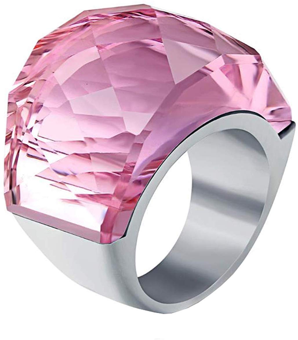 HIJONES Unisex Stainless Steel Fashion Wide Pink Diamond Cut Gemstone Ring Vintage Royal Cocktail Party Jewelry Silver Size 8