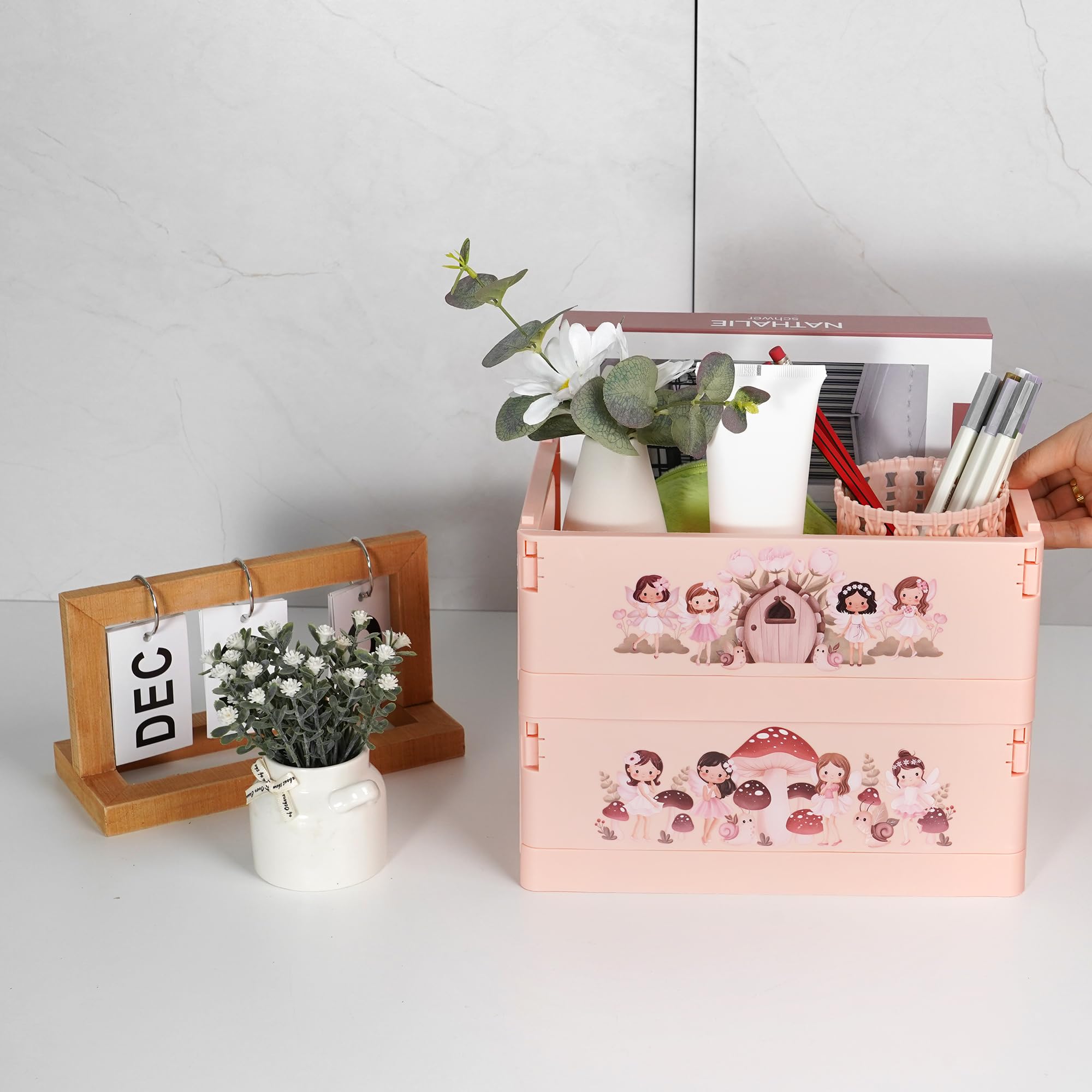 Purdaz 2pack Plastic Storage Baskets, Mini Foldable Plastic Small Baskets,Collapsible Storage Crate for Organizing and Storage,Collapsible Storage Crate for Office,Bedroom,Living Room(Flower Fairy)