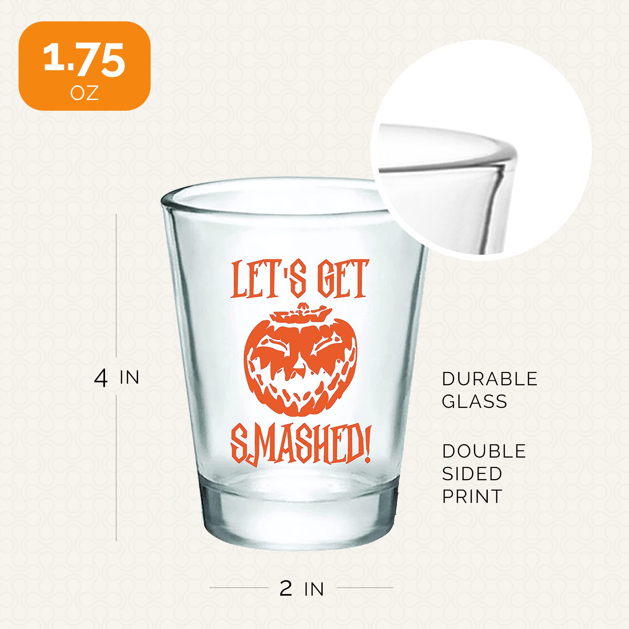 Let's Get Smashed Halloween Shot Glasses - Set of 12 Glass Decor Cups, Double Sided Print - Clear Decorative Drinking Glassware for Tequila, Vodka, Liquor Drinks - Barware for Themed Party (Orange)