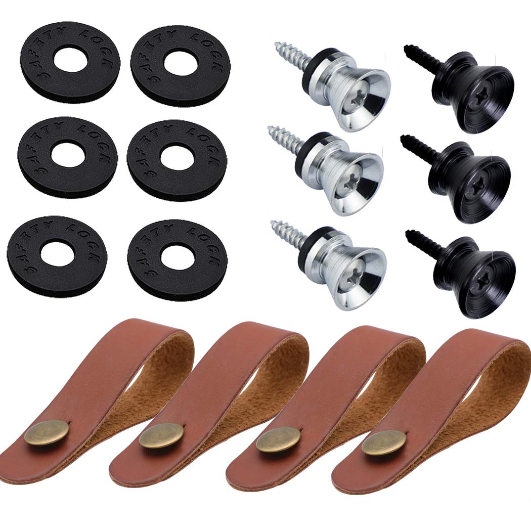 Guitar Neck Strap Leather Headstock strap Guitar Straps Lock Button Rubber Acoustic Electric Strap Blocks Accessories (Brown)