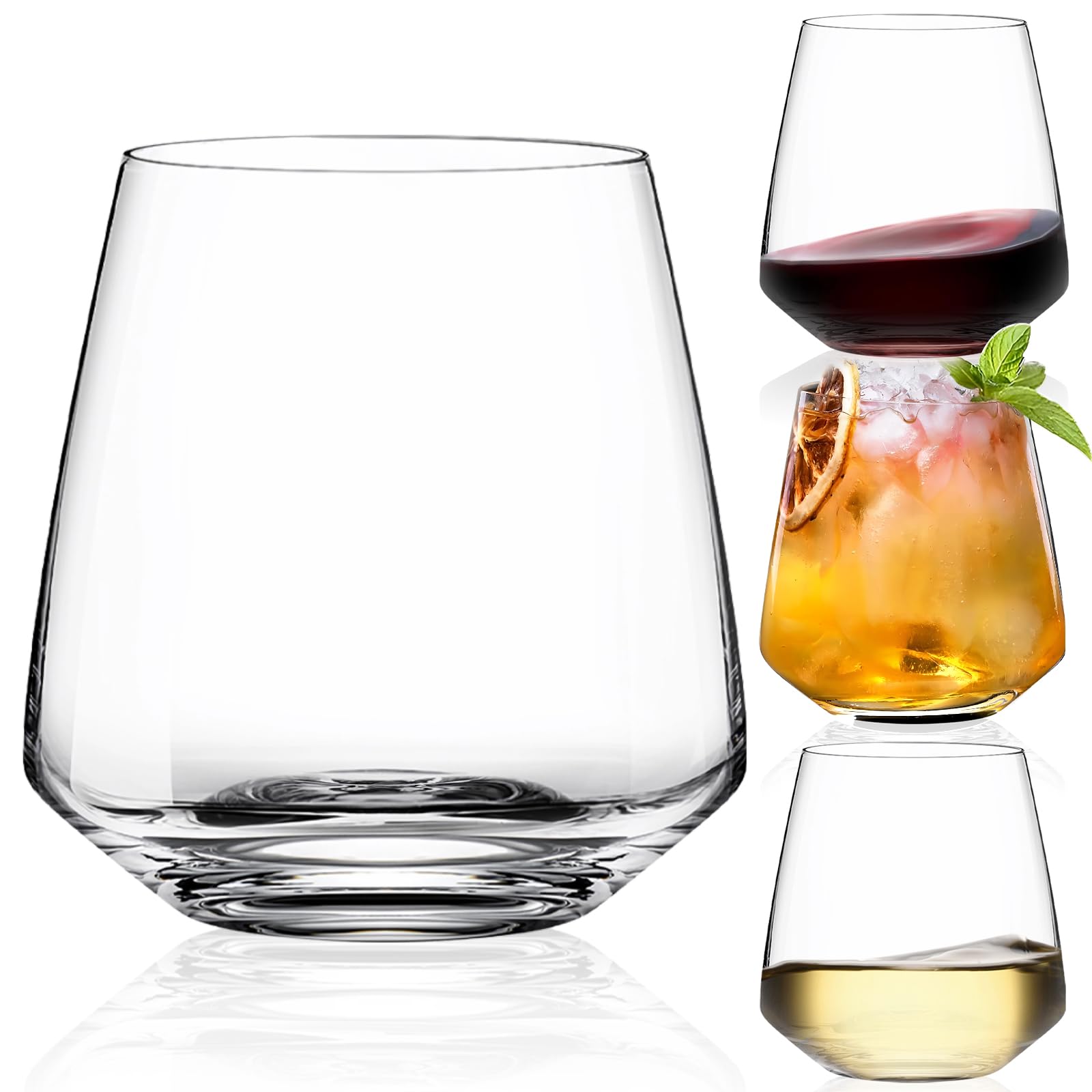 Stemless Wine Glasses Set of 4-15 oz Clear-Modern Hand-Blown Wine Glasses, European Design Crystal Glass For Red & White Wine, Unique Gifts for Wedding, Birthdayļ¼Christmas
