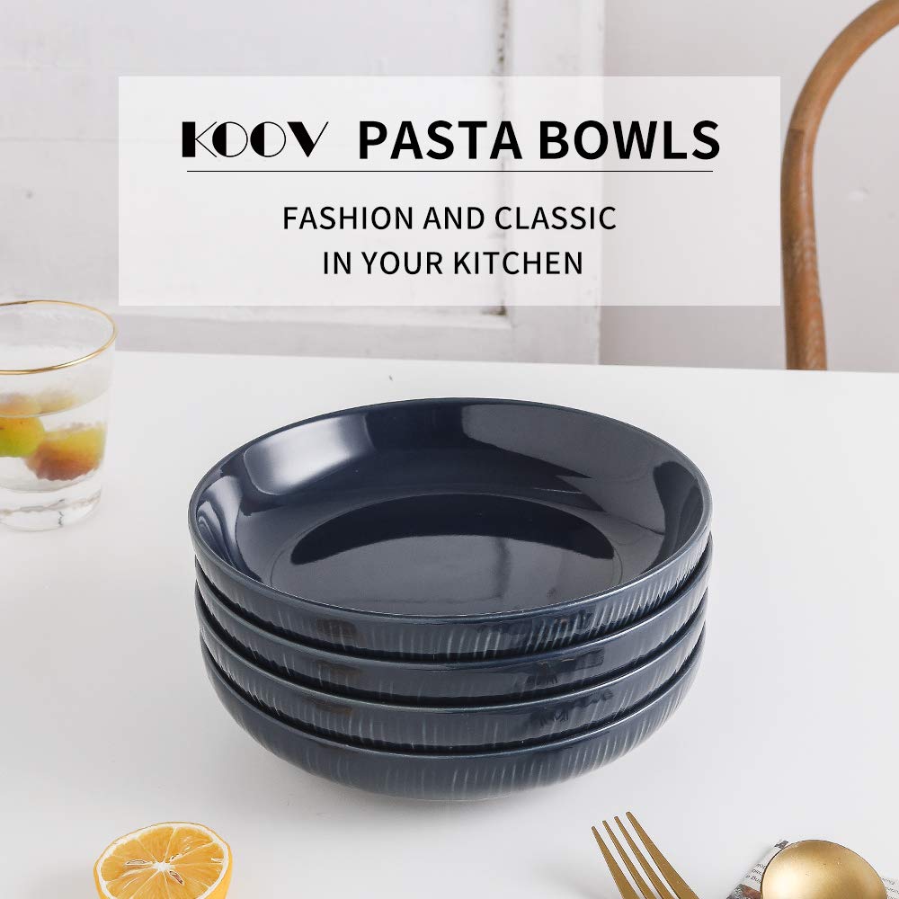 KOOV Ceramic Pasta Bowls Set of 4, 30 OZ Large Salad Bowls Set, Large Bowl For Eating, Pasta Plates, Ceramic Bowls Irregular Striped Series (Aegean)