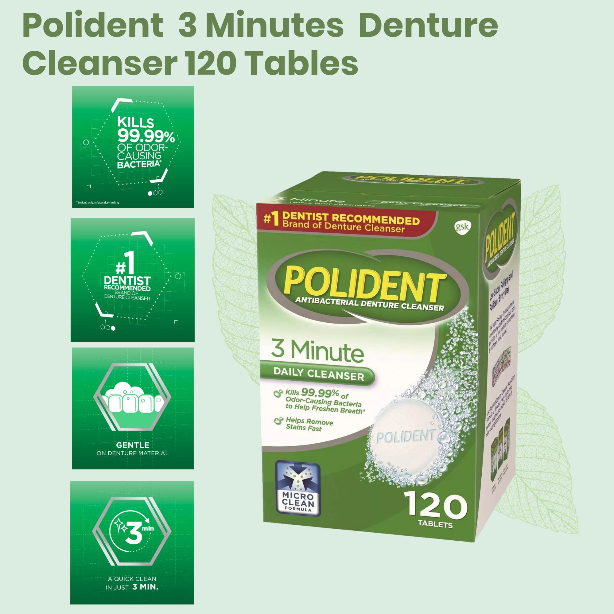 Polident 3 Minute Denture Cleanser β Denture Tablets with Triple Mint Flavor, Won't Scratch Dentures, Formulated To Dissolve Quickly (Pack of 3)