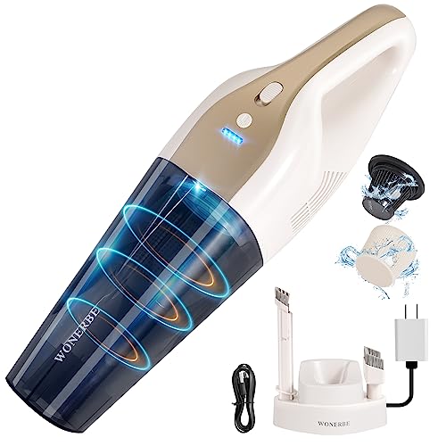 WONERBE Car Vacuum Cleaner High Power 10KPA, Handheld Car Vacuum Cordless Rechargeable,Mini Portable Hand Held Vacuum Cordless Vacuum Cleaner for Pet Hair Home Cleaning-LED Light &Washable Filter