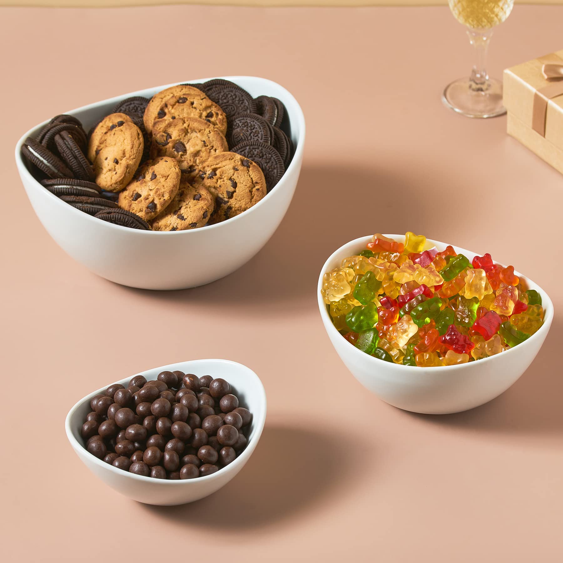 LYEOBOH 3 Tier Serving Bowls Set Tiered Serving Stand, Porcelain Oval Bowls with Collapsible Metal Stand for Entertaining, Party, Dessert Display, Candy, Chip and Dip (Gold)