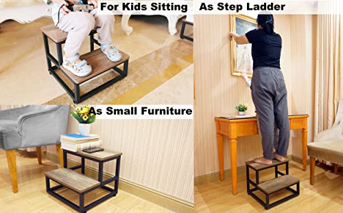 TSTWETO Step Stools for Adults, 2 Step Stool for Kids, Wooden Bed Steps for High Beds, Heavy Duty Wood Bedside Stepping Stool for Kitchen Bathroom, Hold Up to 550 Lbs Capacity-Brown
