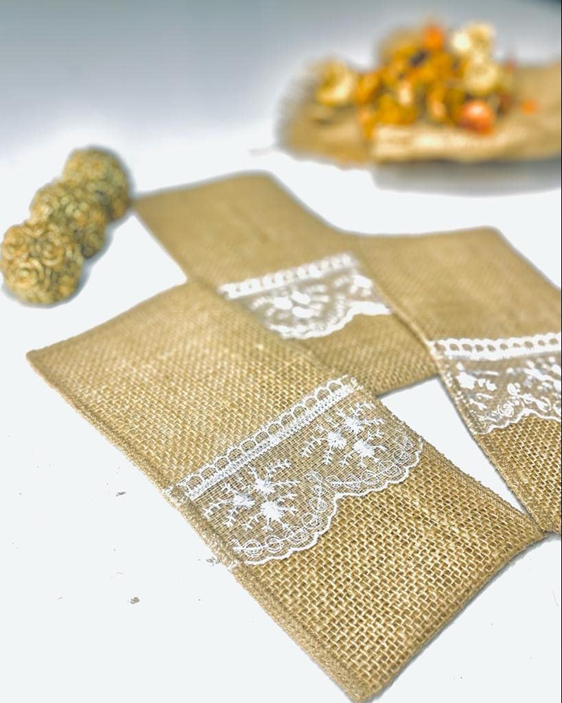 meditroia (Troia Textil(12,Pieces) Burlap Cutlery Holders Lace Utensil Pouch Knifes Forks Bag for Vintage Natural Wedding (4x8inch)