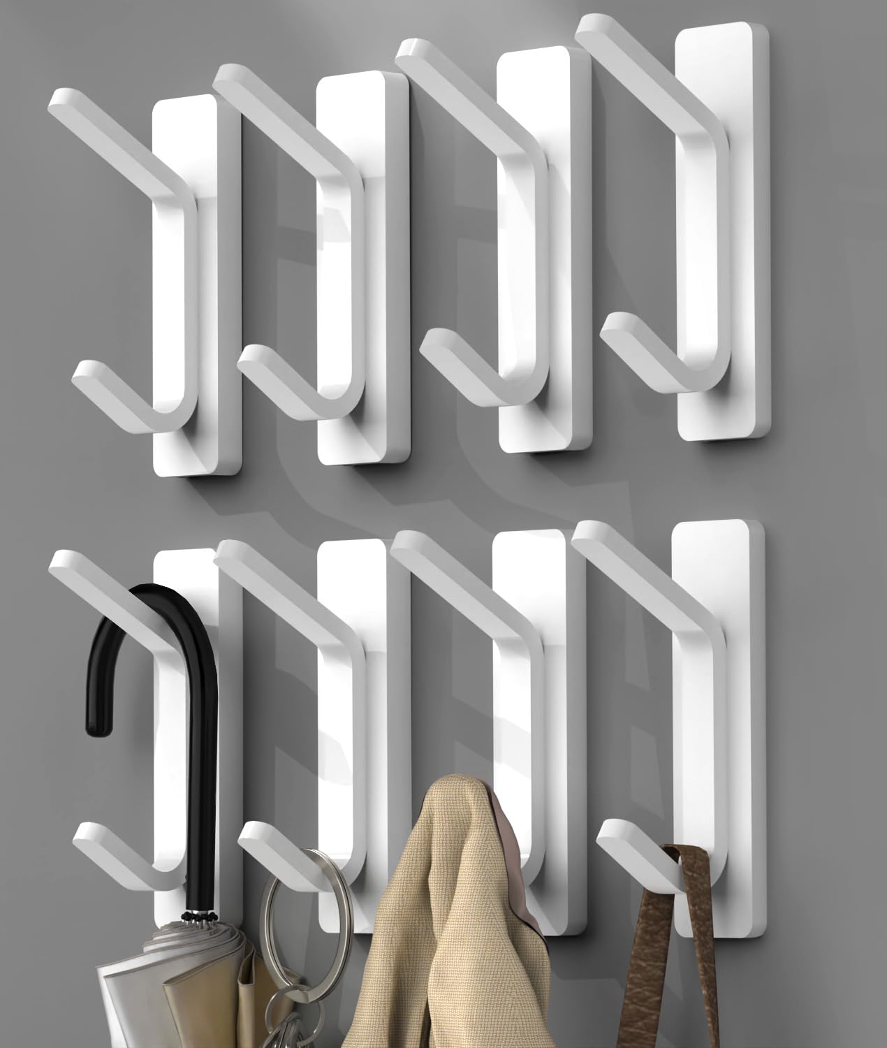 YIGII Utility Hooks/Adhesive Hooks for Hanging, Damage Free Hanging Wall Hooks with Adhesive Strips, Removable Wall Hooks Heavy Duty in Living Spaces, 8 Plastic White Hooks and 8 Adhesive Strips