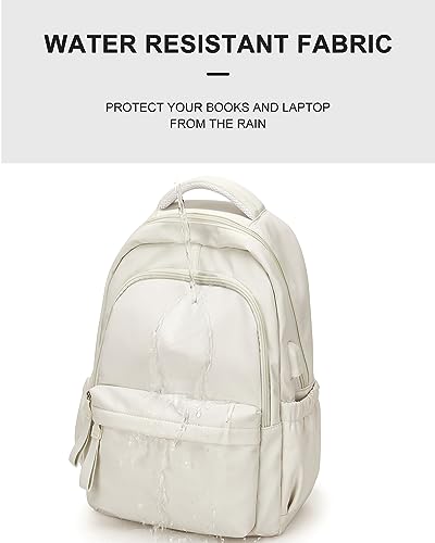 Small Backpack For School Girls Boys Aesthetic Lightweight Travel Daypack Simple Cute Backpack For Women Men Waterproof College High School Bookbag Fit 14 Inch Laptop With USB charging port,Beige