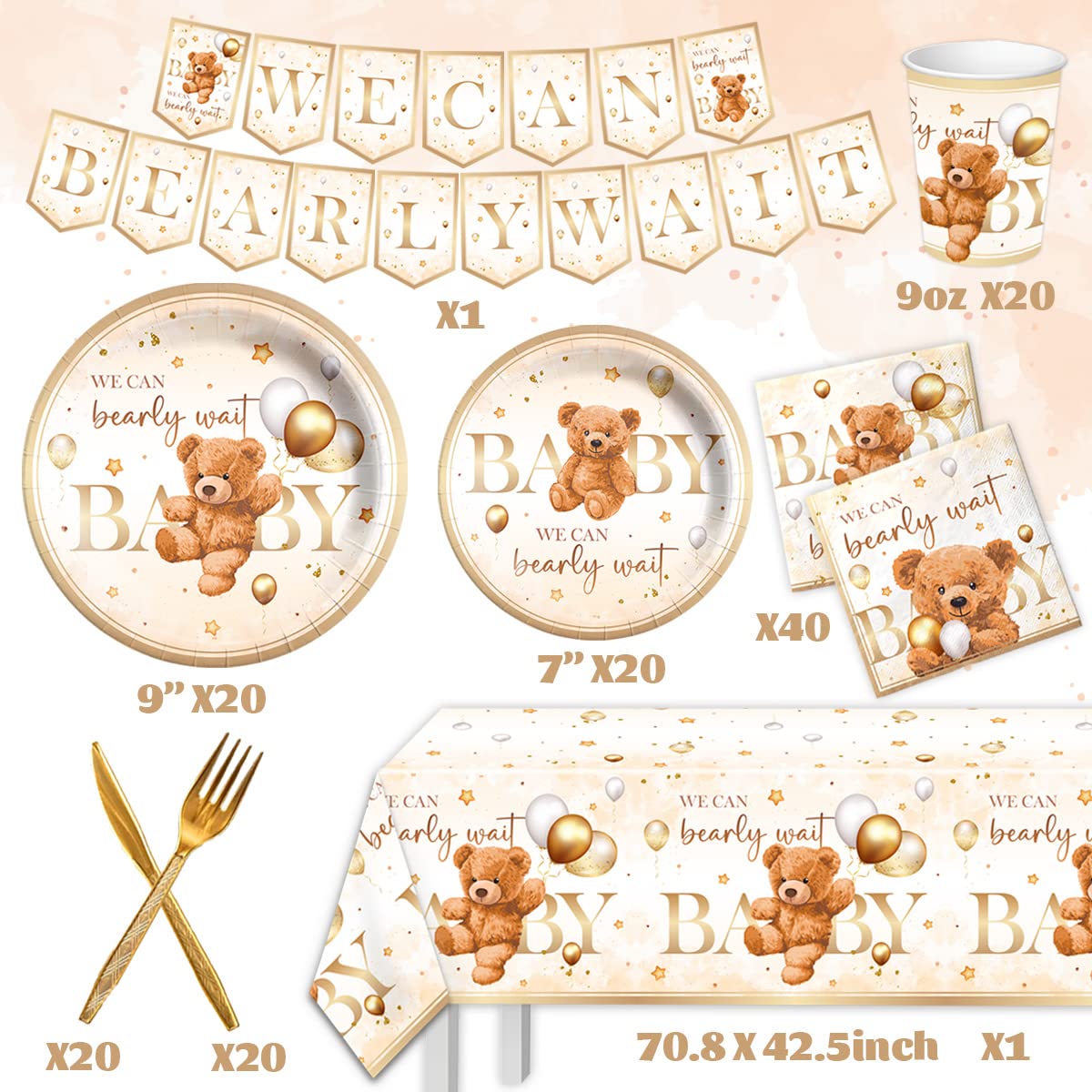 Teddy Bear Baby Shower Decorations for Boy-142Pcs We Can Bearly Wait Tableware,Brown Bear Theme Plates and Napkins Set Serves 20 Guests,Teddy Bear Baby Shower Birthday Party Supplies