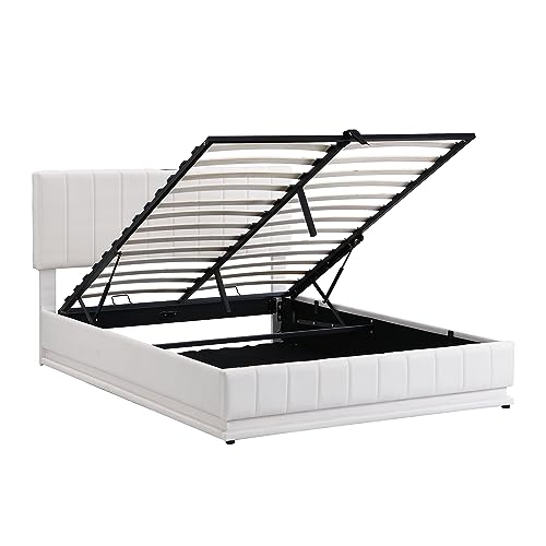 SIYSNKSI Queen Size Upholstered Bed with Hydraulic Storage System and LED Light, PU Leather Upholstered Platform Bed Frame with Adjustable Headboard and USB Ports for Kids Teens Adult Bedroom