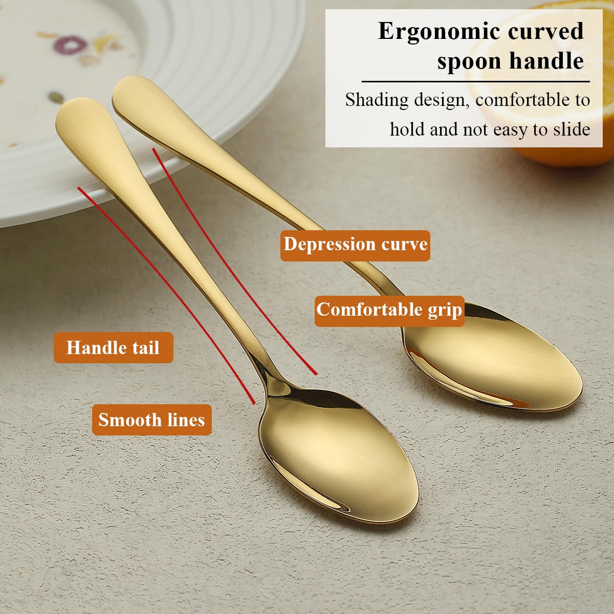 ReaNea Gold Dinner Spoons 12 Pieces, Stainless Steel Titanium Gold Plating Table Spoon, Soup Spoons, Use for Home, Restaurant, Wedding, Parties, Events, Christmax