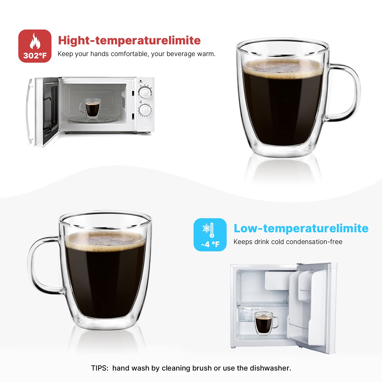 Liuruiyu Double Wall Glass Coffee mugs, (Set of 4) 12 Ounces-Clear Glass Coffee Cups with Handle,Insulated Coffee Glass,Cappuccino Cups,Tea Cups,Latte Cups,Beverage Glasses