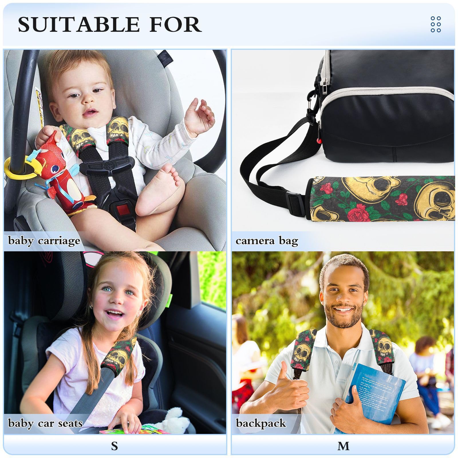 Halloween Sugar Skull Rose Seat Belt Covers 2 Pack Car Seat Strap Covers Super Soft Car Seat Neck Cover for Adults Baby Boys Girls