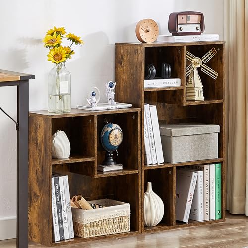 VECELO Wide 8-Cube Wood Organizer Bookcase Sets, Fits Tallest Hardcovers, 3-Tier Customized Storage Display Shelf, Free Standing for Living Room, Bedroom, Kids Room, Office, Brown