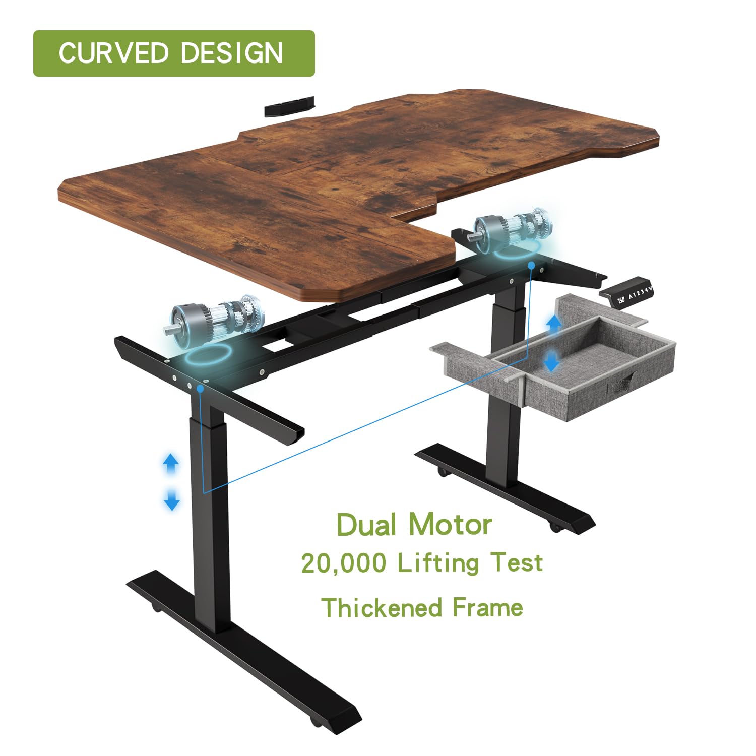 Radlove Dual Motors Height Adjustable 59'' L Shape Electric Standing Desk with Drawer Stand Up Table 4 Memory Keys, Computer Desk with Splice Board Home Office Desk, Rustic Brown Top + Black Frame