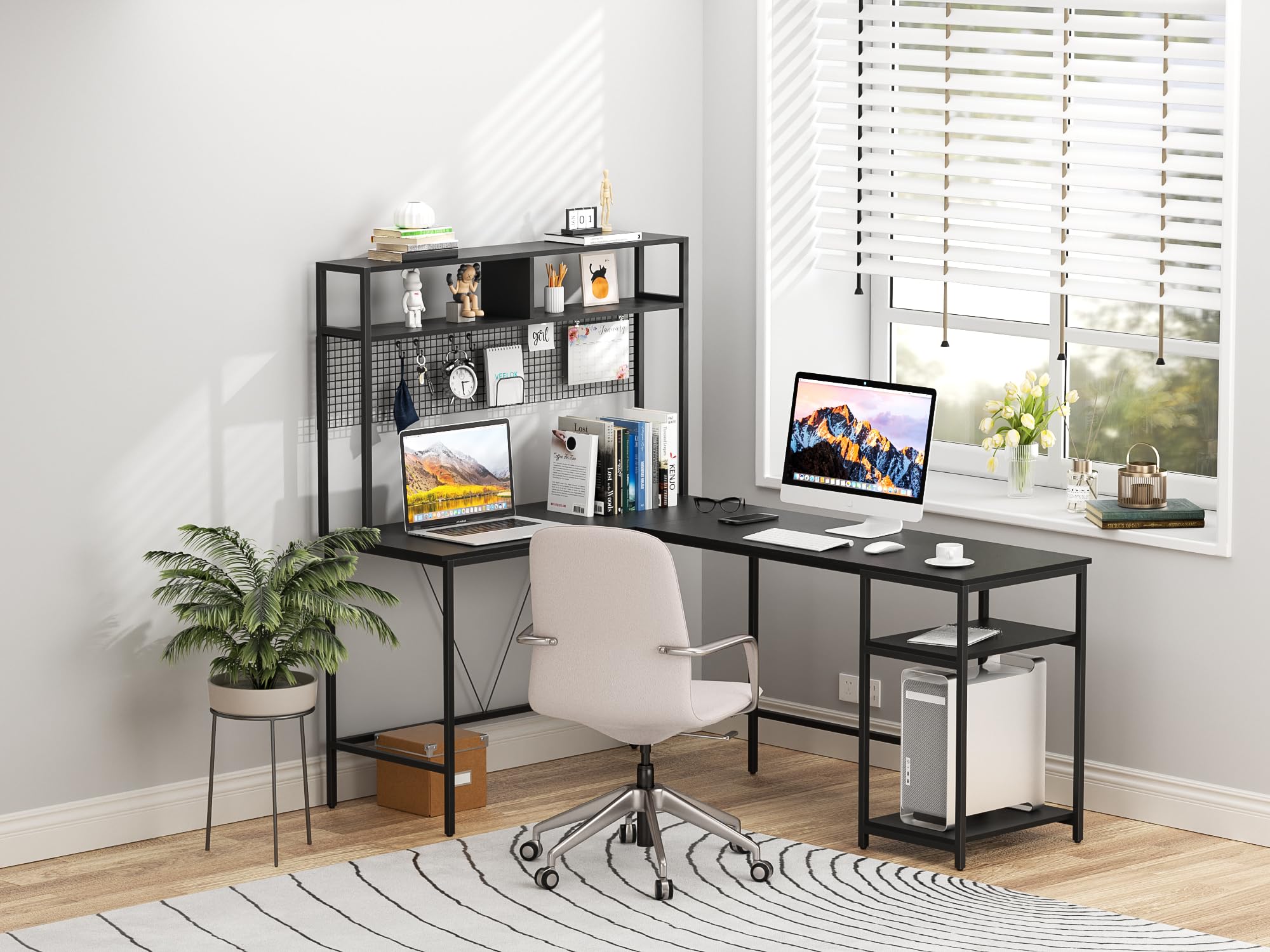 VEELOK 67 inch L Shaped Gaming Desk with Hutch Pegboard LED Lights, L Shape Desk for Home Office Bedroom