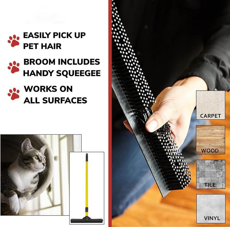 Pet Hair Removal Broom - Extendable & Made with Soft Rubber Bristles and Built-in Squeegee