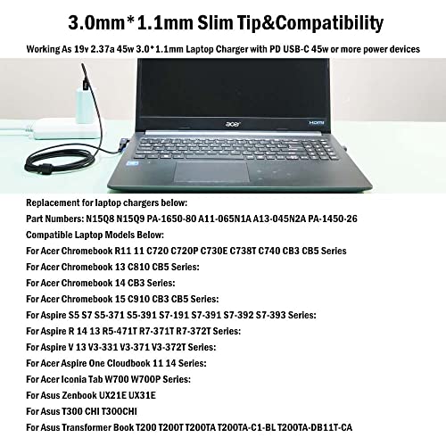 USB C to Slim Tip Charging Cable for Acer Chromebook 11 13 14 15 R11 CB3 CB5 C740 C720 C720p C738T C731 CB3-532 CB3-131 CB3-111 CB3-531 CB5-571 CB5-311 CB5-132T
