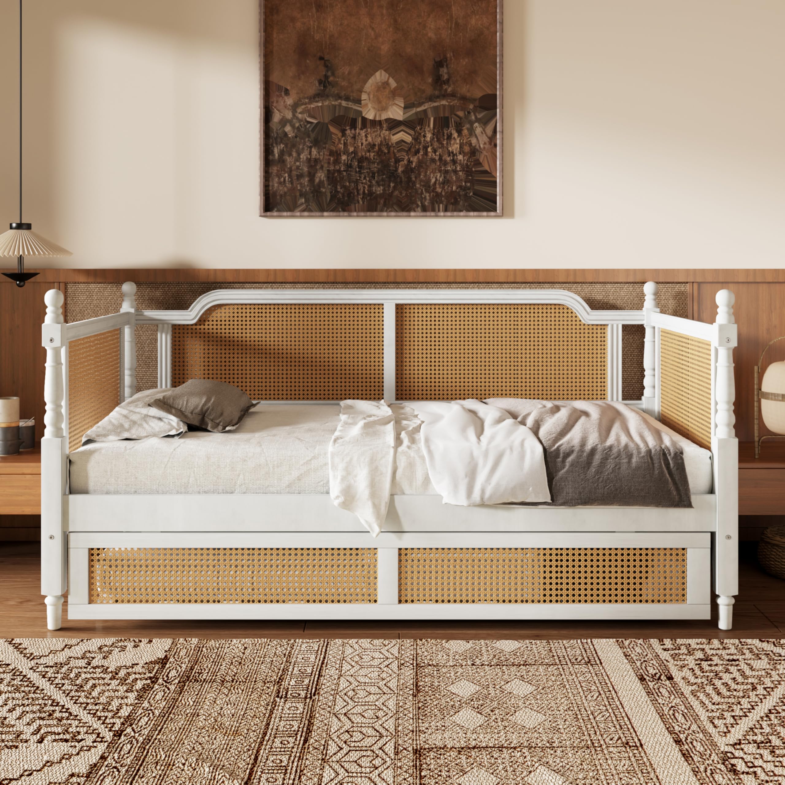 Traditional Style Rattan Full Size Daybed, Wood Daybed with Trundle for Small Space Guestroom, No Box Spring Needed, Antique Walnut