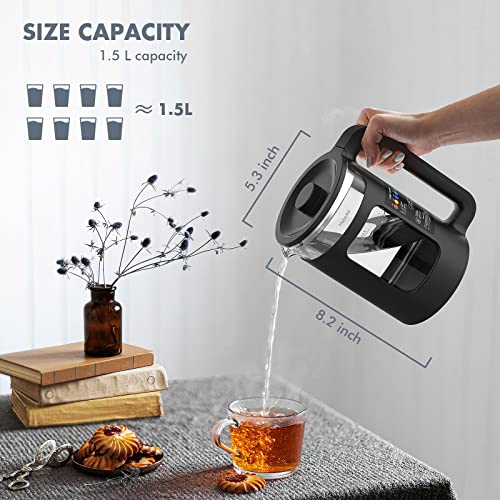 Smart Electric Kettle Quiet Glass Electric, Prevent Limescale Ruste Lnner Liner Base,Keep Warm Tea Kettle & Hot Water Boiler,Temperature Control with 5 Presets,Auto Shutoff and Boil-Dry Protection