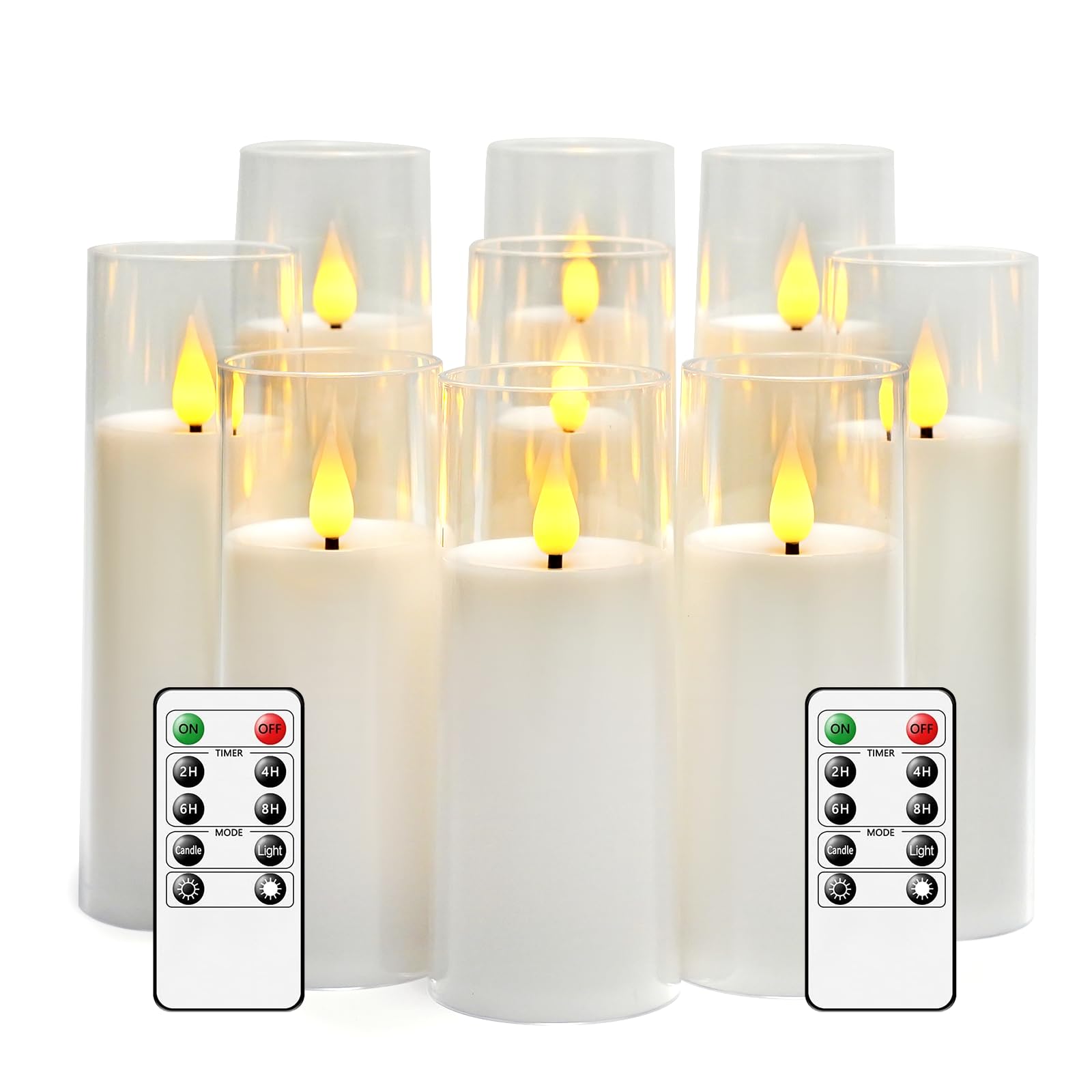 Obrldpao White Flameless Candles with Remote,Led Candles 9 Pc (D2.3 xH 5" 6" 7") Flameless Pillar Candles,Battery Operated Candles,Table Decoration Plexiglass Flickering Flameless Candles(White)