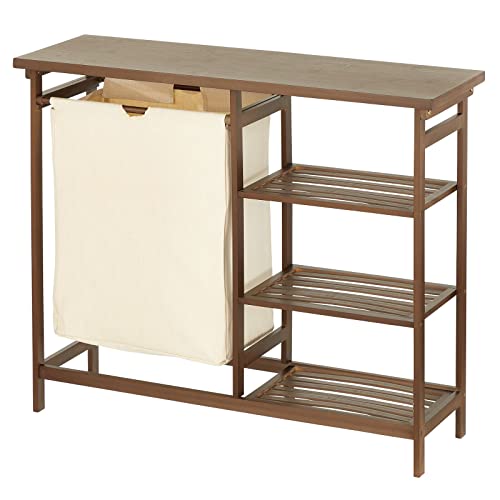 mDesign Bamboo Freestanding Laundry Hamper Basket Table - Storage Shelves for Folding Clothes and Organizing Detergent, Fabric Softener, Bleach, Dryer Sheets - Echo Collection - Espresso Brown