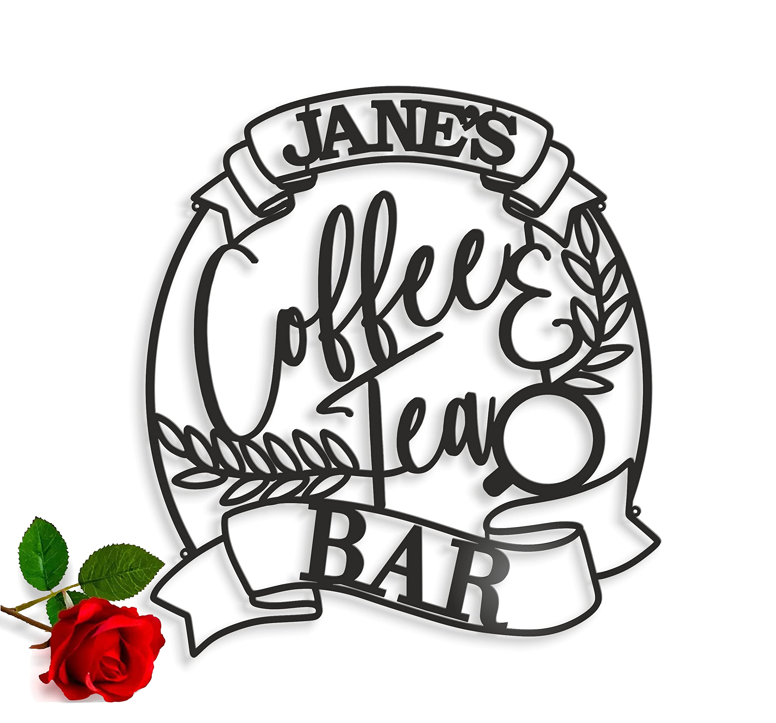 Personalized Coffee and Tea Bar Metal Name Sign Custom Laser Cut Cup Coffee Housewarming Gift for Mom, Grandma, Coffee Lover Metal Wall Art Home Decor Kitchen Sign Hanging Decorations Coffee Station