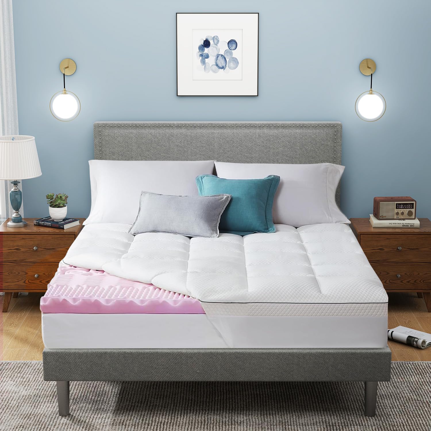 Soft Memory Foam Mattress Topper for Back Pain Relief 4 inch Breather Bed Pad with 2 Inch PillowTop and 2-Inch Egg Crate Memory Foam, 8-21 Inch Deep Pocket (Queen)