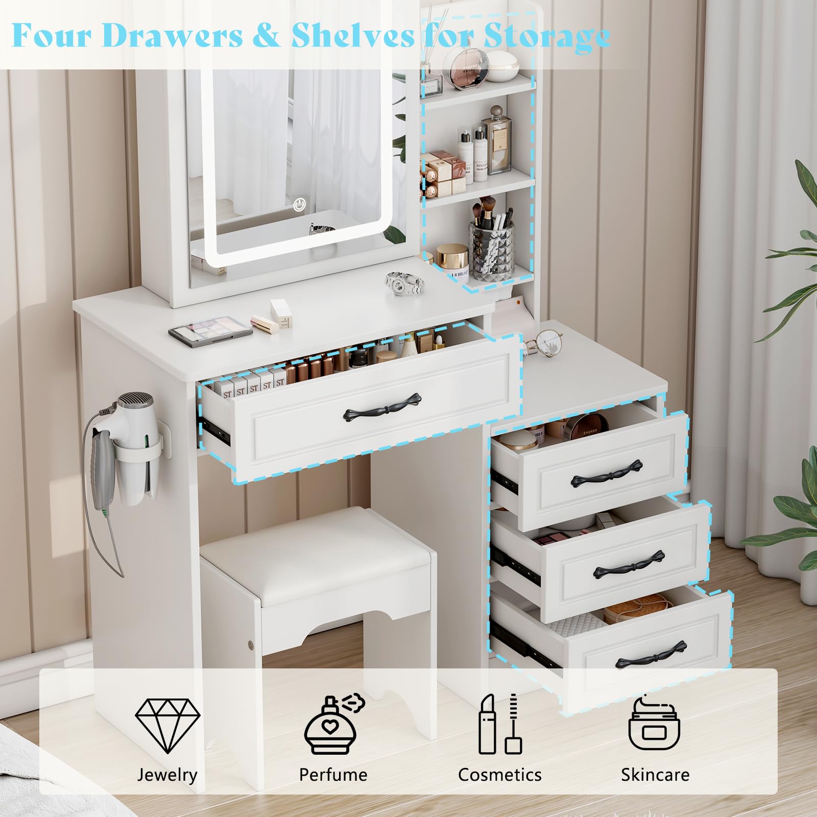 VanAcc Makeup Vanity Desk with Lights & Sliding Mirror for Teenagers, 35" Wide Vanity Table with 4 Drawers and Shelves, Small Vanity Dressing Table, LED Lights Vanity Set, Stool Included, White