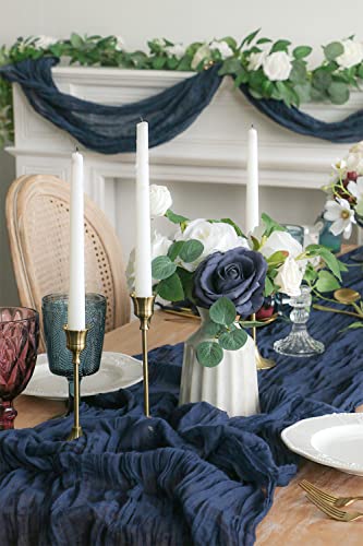 Uwilowe 5 PCS 13Ft Navy Blue Table Runner, Boho Gauze Cheese Cloth Table Runner Rustic Sheer Runner 160inch Long for Wedding Bridal Baby Shower Birthday Party Cake Table Decorations