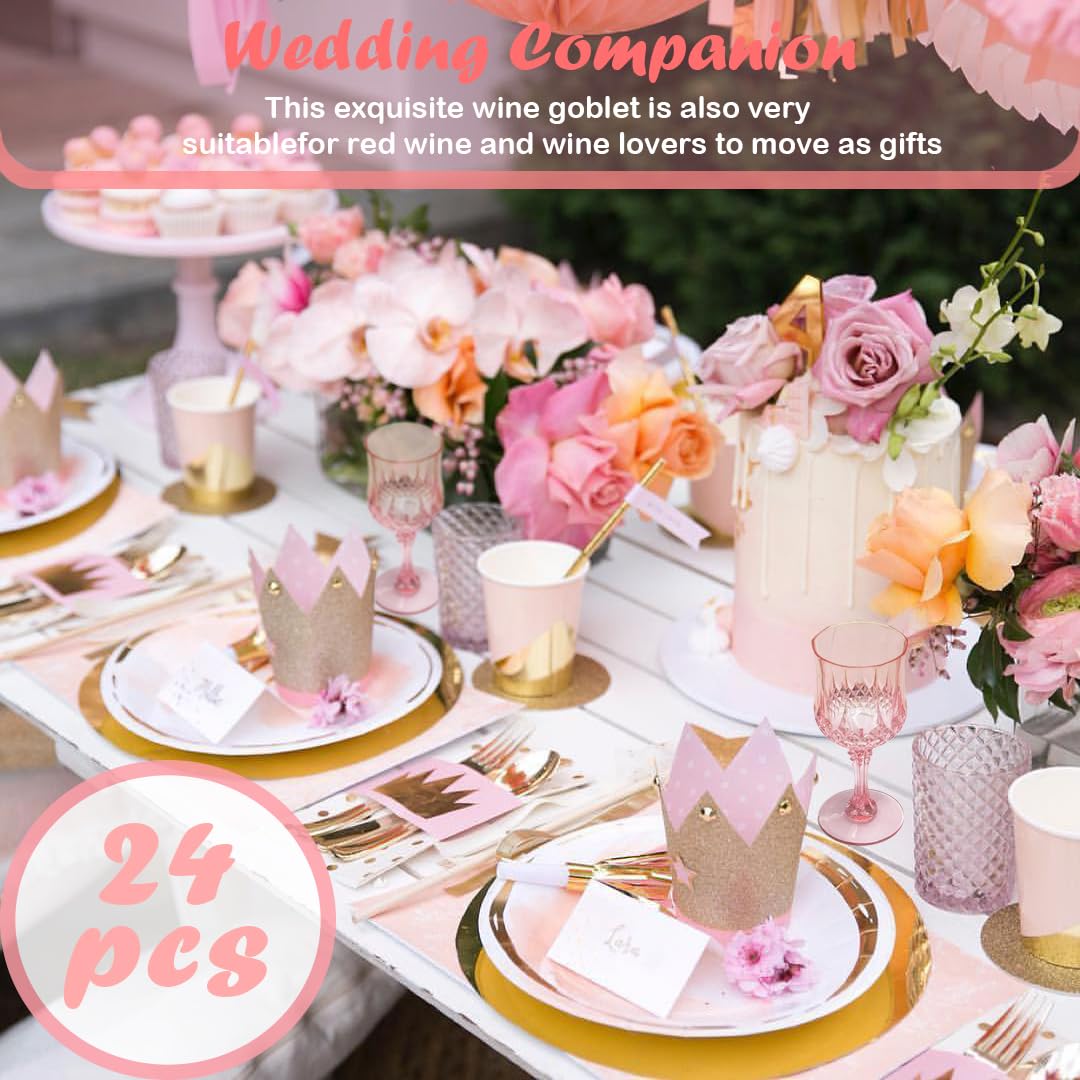 Veiuwa 24 Pcs Plastic Pink Wine Glasses,Plastic Cordial Glasses,Plastic Goblets,Pink Plastic Goblets,Plastic Wine Glasses,Can be Used for Weddings, Everyday Fun Parties and More!