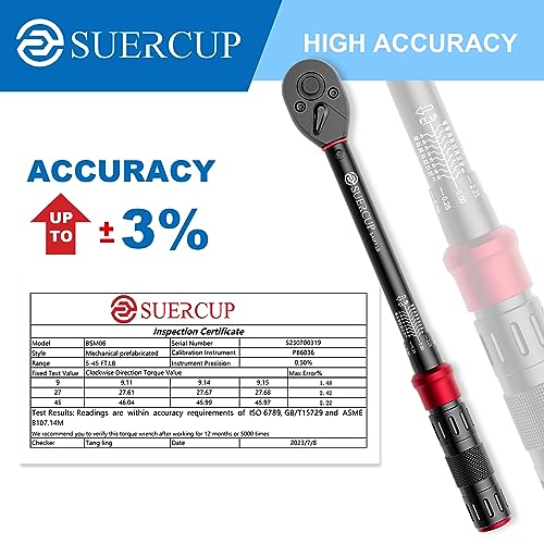 SUERCUP 3/8-Inch Drive Click Torque Wrench - 5-45 Ft-Lb/6.8-61Nm, ±3% High Accuracy Torque Wrench,Dual-Direction Adjustable 72 tooth Click Torque Wrench for Bike, Motorcycle and Car Repair