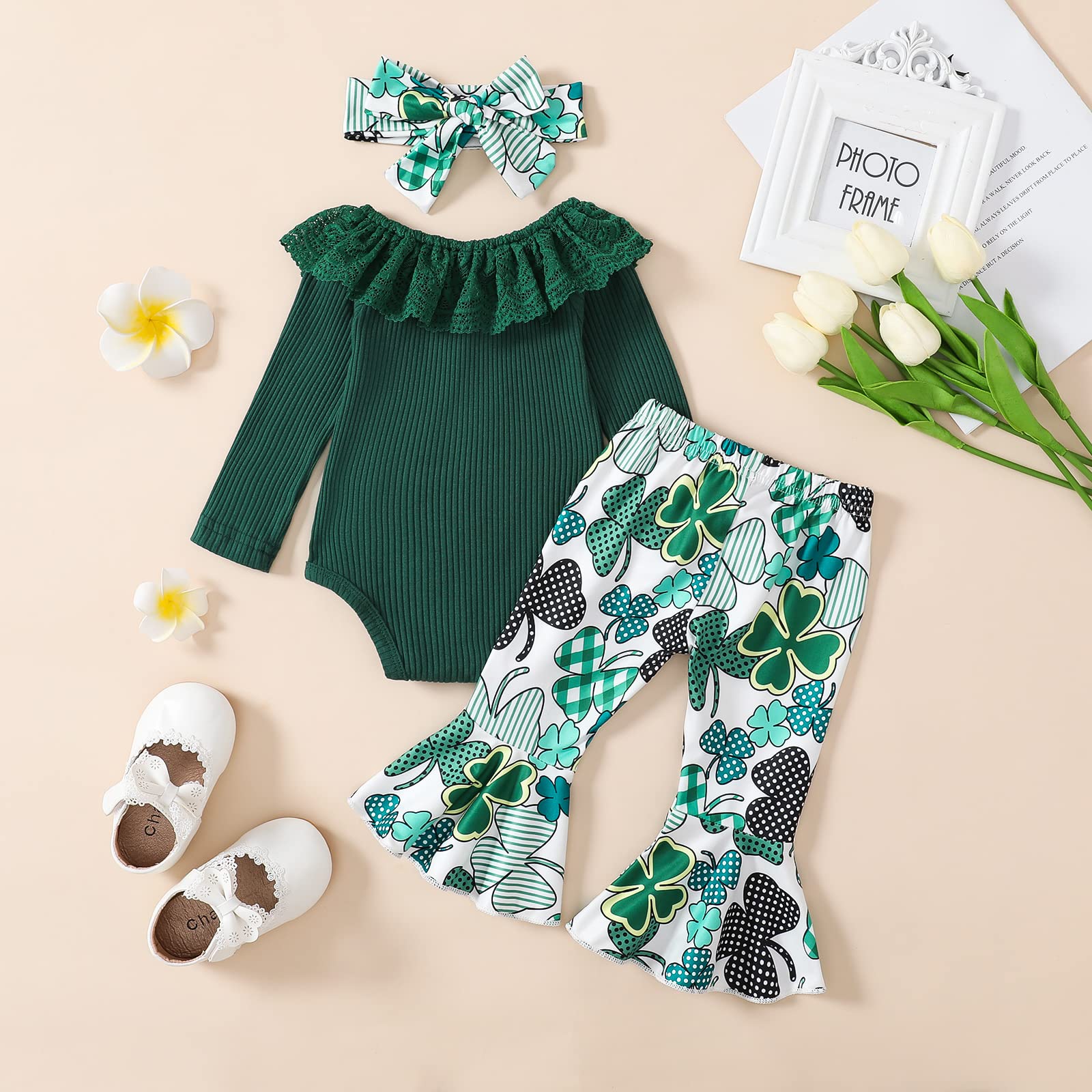 St. Patrick 's Day Newborn Baby Girl Solid Ribbed Long Sleeve Romper+Four Leaf Clover Print Pants+Headband 3Pcs Clothes Set (Green, 0-3 Months)