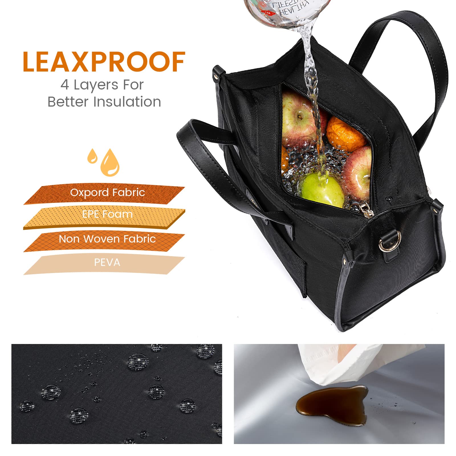 LOVEVOOK Lunch Bag Women Work,Lightweight Insulated Lunch Box for office-lady College Picnic Beach,Fashionable to Match,Black,S