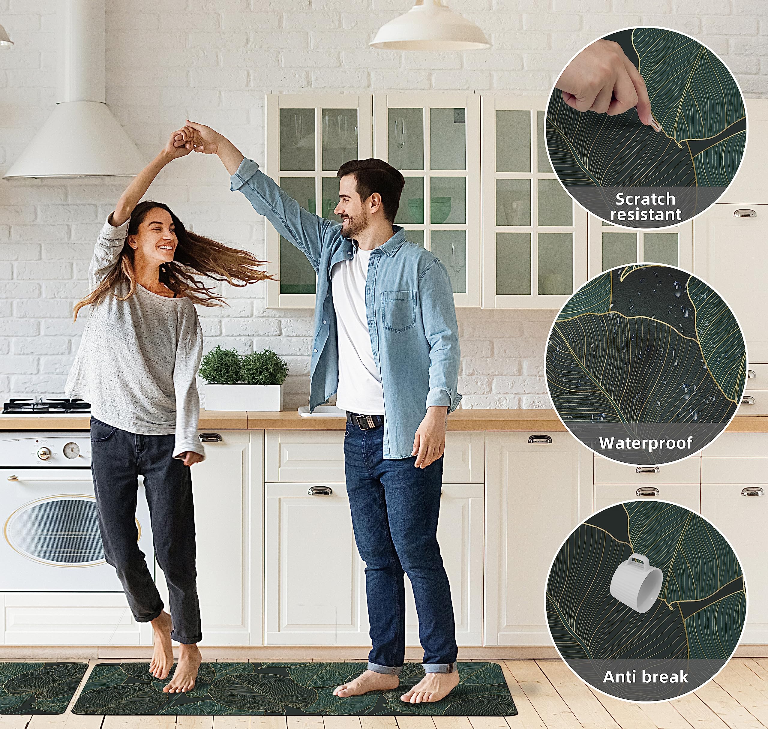 Kitchen Mats for Floor Cushioned Anti Fatigue Mats for Kitchen Floor Green Kitchen Floor Mat Memory Foam Boho Kitchen Rugs Luxury Kitchen Runner Kitchen Rugs Sets of 2, 17.3x28 + 17.3x47, 0.4 inches