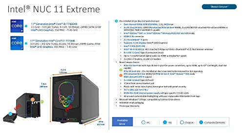 Intel NUC 11 Extreme Mini Computer NUC11BTMi9 i9 11900KB Processor with UHD Graphics, Wi-Fi 6, Bluetooth 5.2, SdXC Card Reader, USB 3/2, Thunderbolt 4, HDMI, Windows 11 PRO and Expansion USB HUB