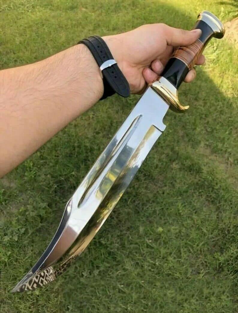 hunting knives Custom Handmade Carbon Steel High Polish Crocodile Dundee Bowie knife with Brass and leather handles for best Hand Grip.