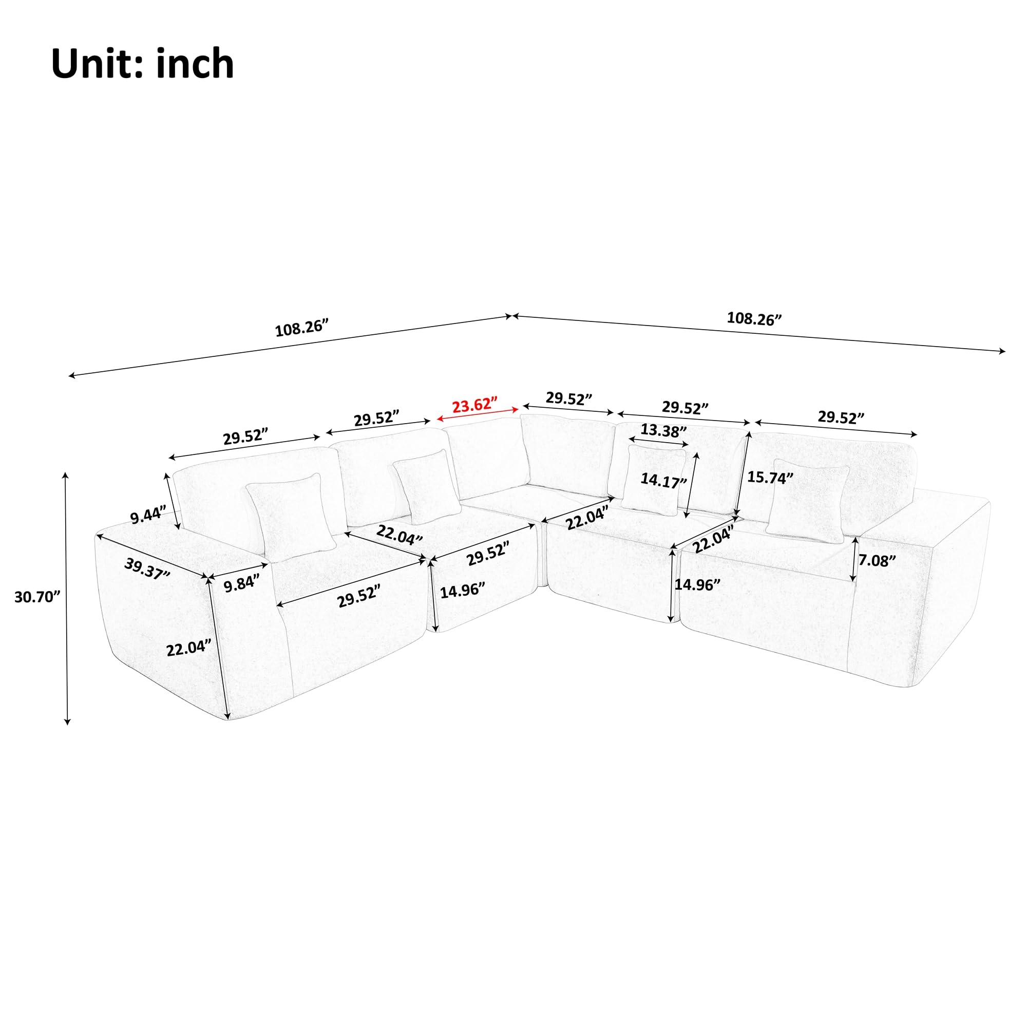 VASOENY 108.3 X 108.3'' Modular L Shaped Sectional Sofa, Oversized L Shaped Couch, Upholstered Foam-Filled Modern 5 Seat Corner Sofa with 4 Pillow for Living Room, Office, Apartment