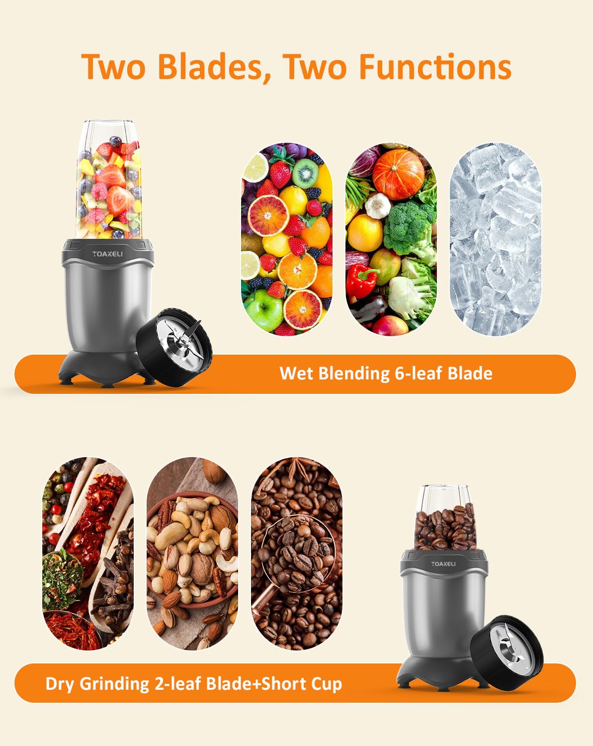 TOAKELI Smoothie Blender, 850 W Compact Personal Blender, Juice Blender Set Frozen Drinks, Shake, Sauces & More, 2 * 20 Oz To-Go Cups, 2*Spout-Lids, Silver