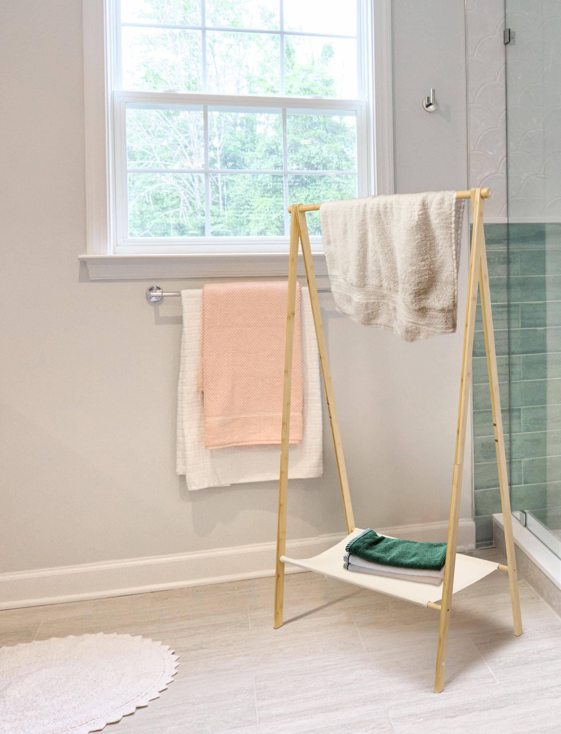 RoyalHouse Bamboo Garment Rack with Bottom Fabric Storage Shelf, Clothing Rack for Laundry, Guest Room, Bedroom, Home Organization