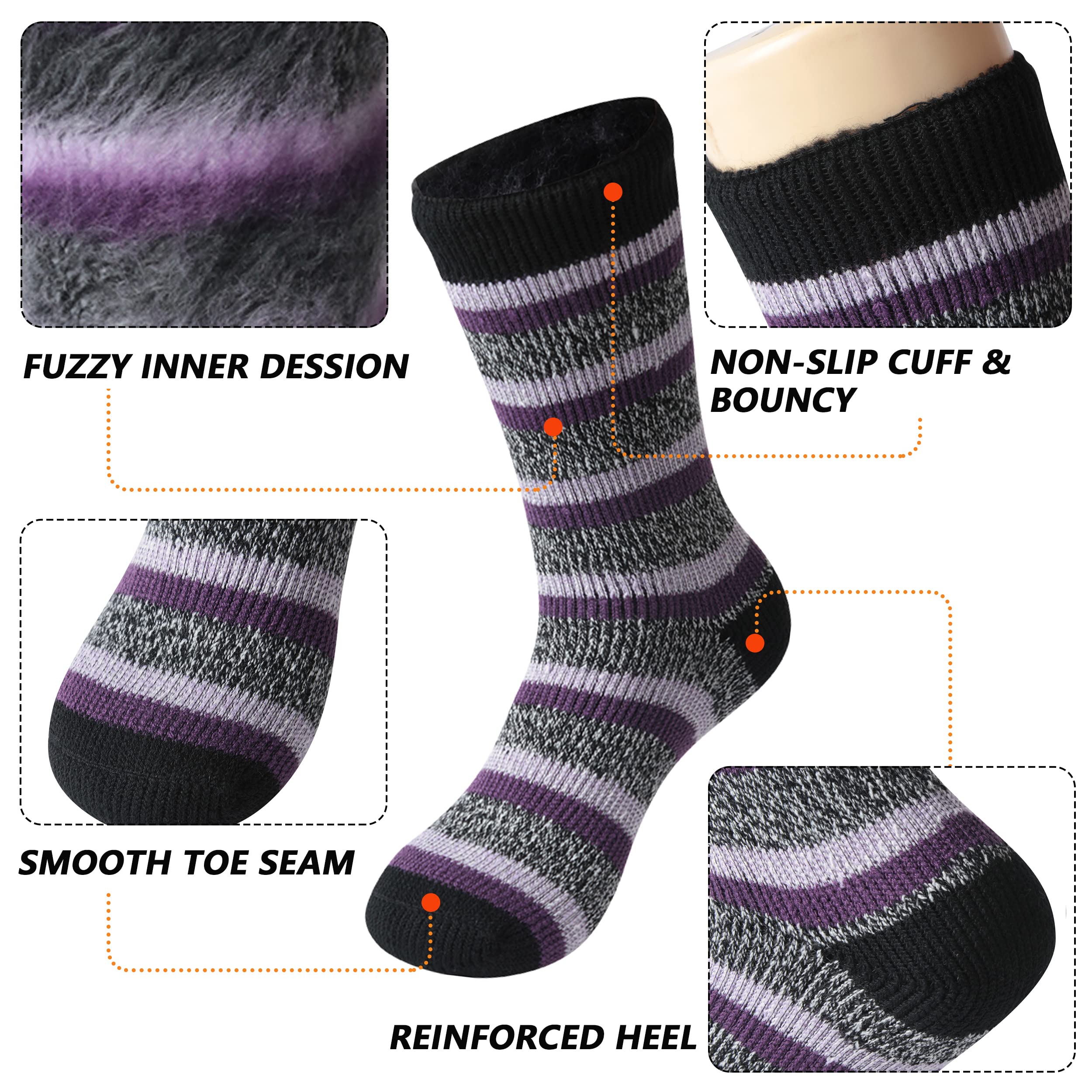 HUSO Mens Warm Socks, Winter Thermal Thick Ski Socks, Soft Insulated Boot Trapping Outdoor Hunting Socks 2 Pairs Grey & Black & Purple, Large
