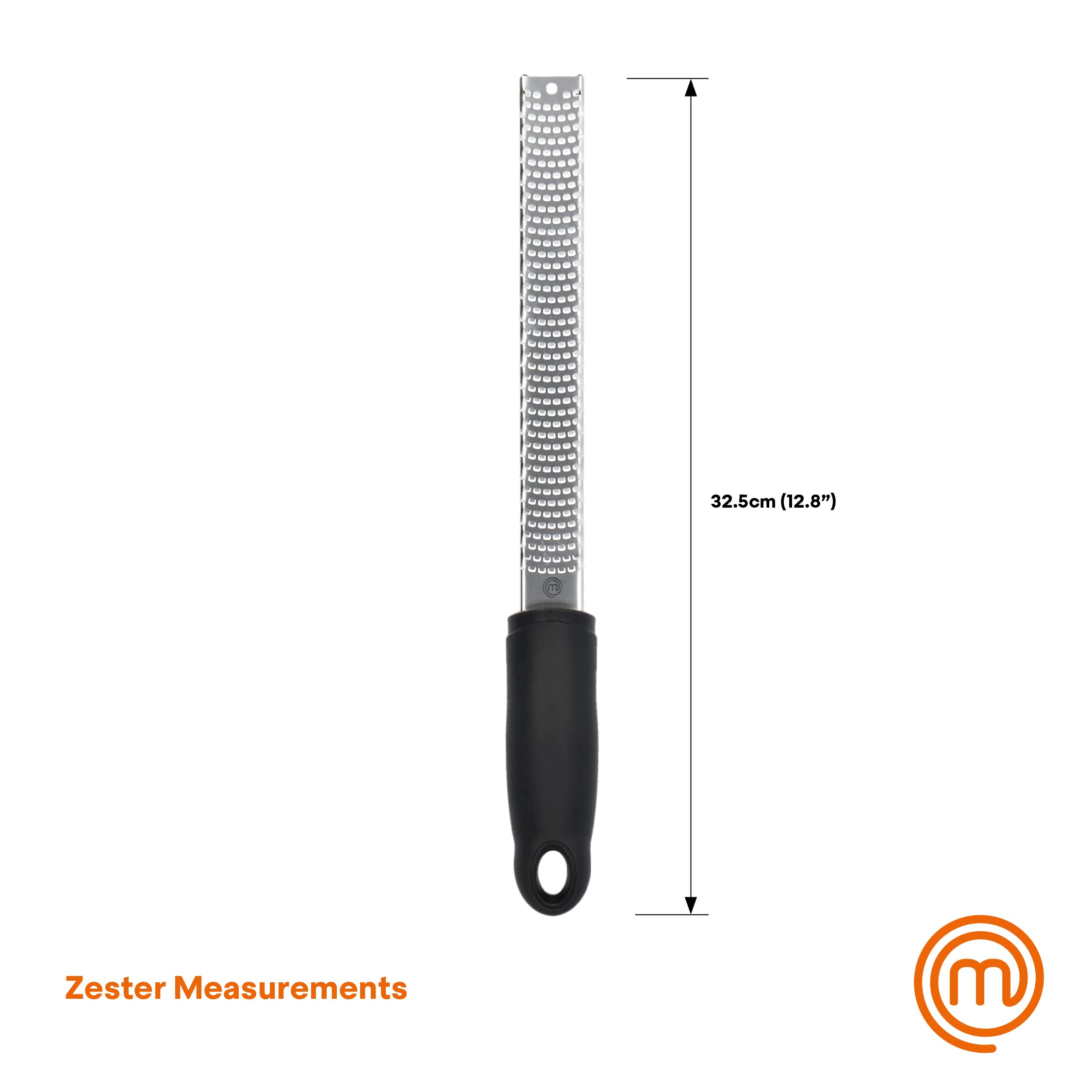 MasterChef Lemon Zester Grater with Handle, Kitchen Tool for Zesting Citrus Fruits & Finely Grating Parmesan Cheese, Garlic, Ginger, Coconut, Nutmeg, Wasabi, Chocolate etc, Stainless Steel, 12 inches