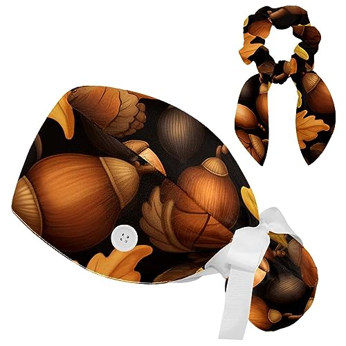 Thanksgiving Acorn Working Cap with Button Sweatband Adjustable Tie Back Bouffant Hats with Scrunchie