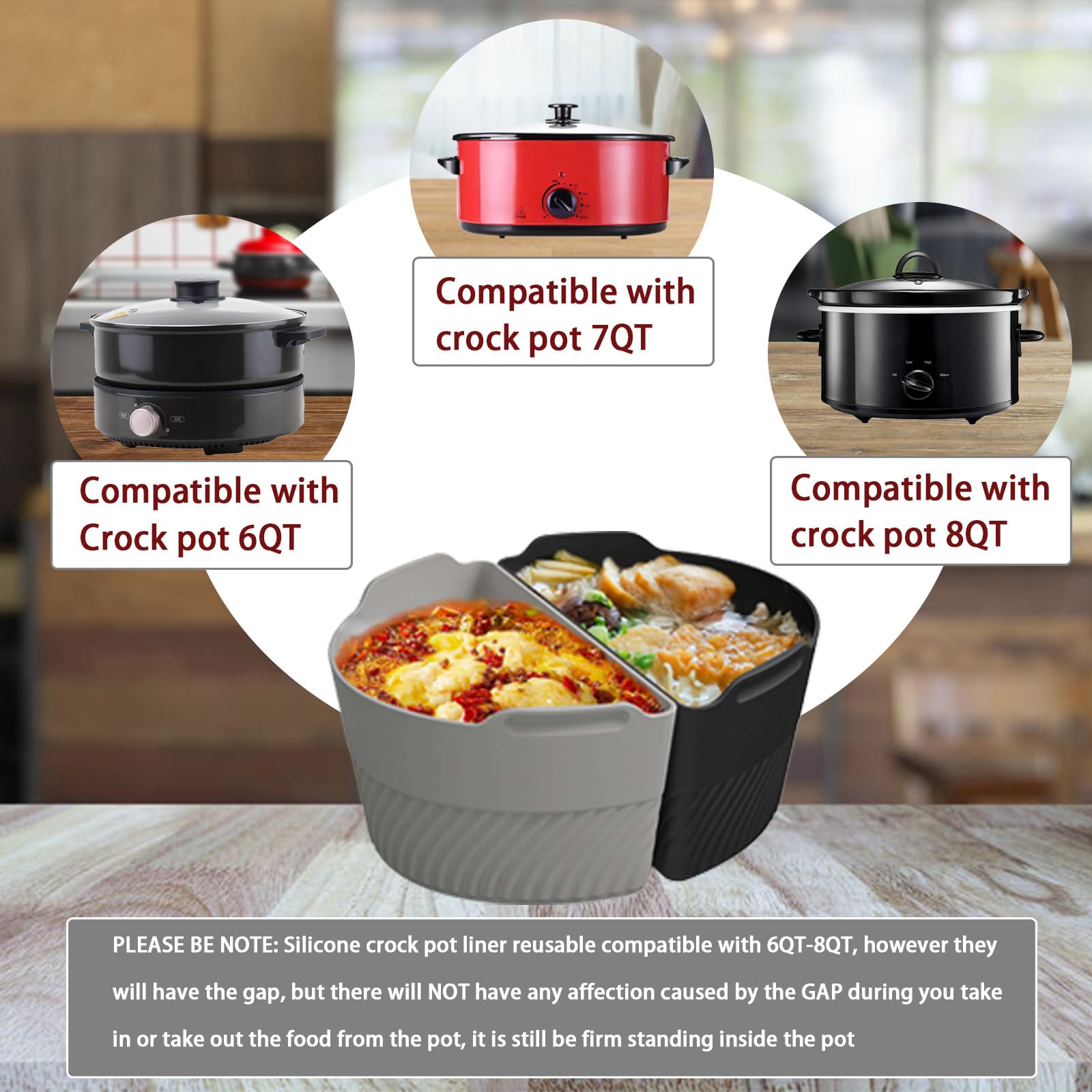 WISRIGHT Silicone Slow Cooker Liners Compatible With Crock Pot 6-8 QT,Slow Cooker Divider Allows Cooking Two Different Meals At Once Time, Reusable Silicone Divider Insert, Dishwasher Safe, BPA Free