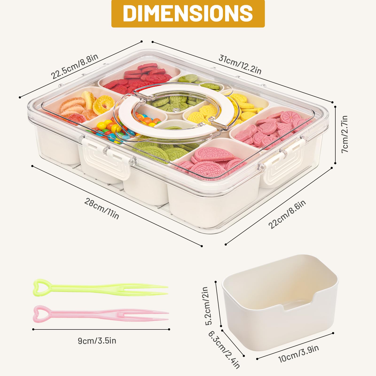 Snackle Box - Snackle Box Container for Travel,Divided Serving Tray with Lid and Handle,Portable Snackle Box Charcuterie Container,8 Compartment Snack Container ideal for Party, Travel,Picnics